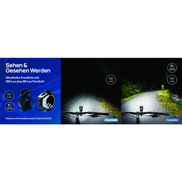 FISCHER LED-Akku Frontlicht 100 Lux mit Fernlichtfunktion 80 Lux ...